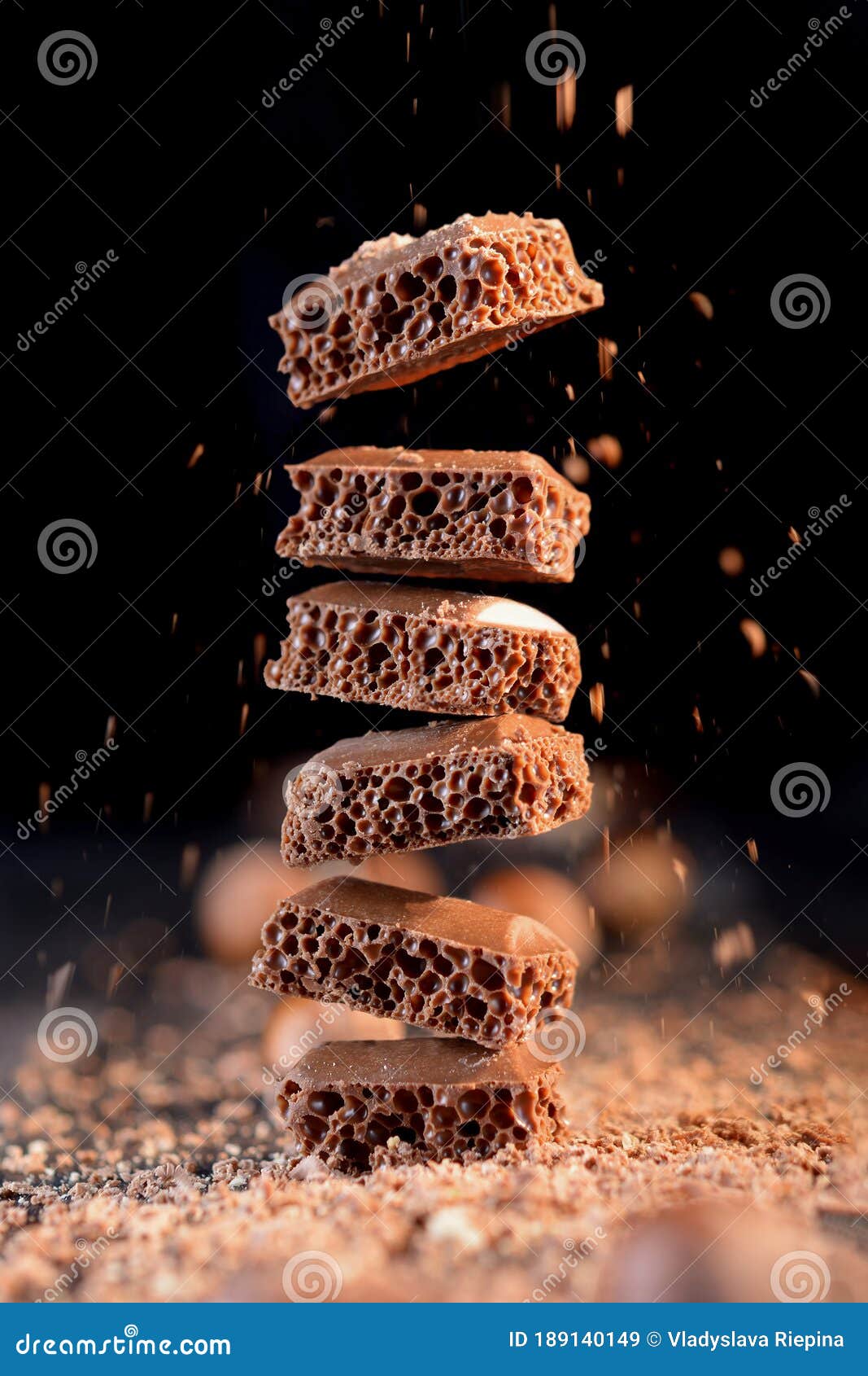 Flying Chocolate Pieces on Black Backdrop. Stock Image - Image of chunk ...