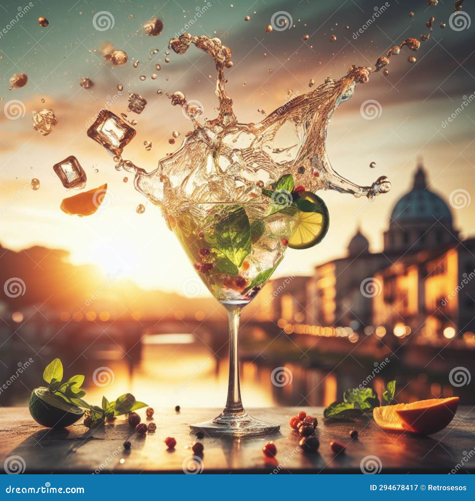 Flying Cocktail Making Spritz Mohito Splash Fruit Drink Berry Elements ...