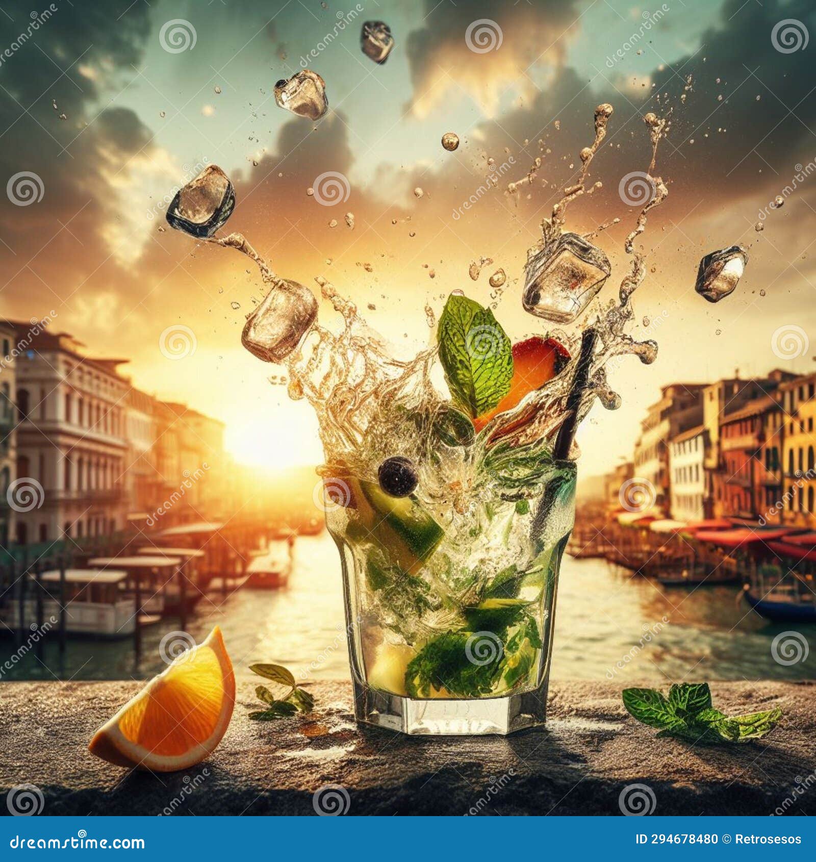 Flying Cocktail Making Spritz Mohito Splash Fruit Drink Berry Elements ...