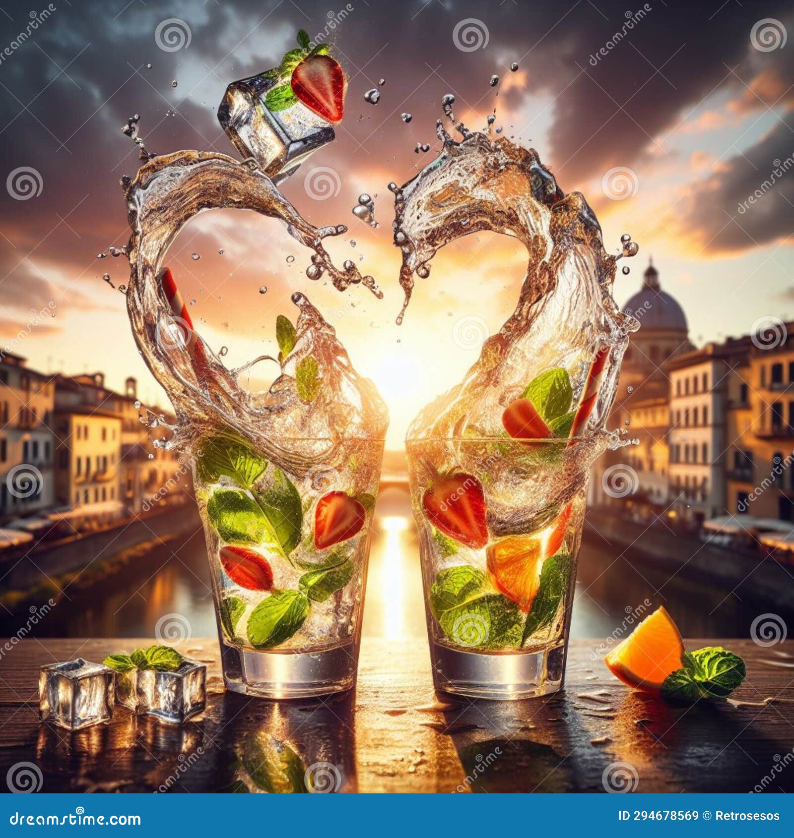 Flying Cocktail Making Spritz Mohito Splash Fruit Drink Berry Elements ...