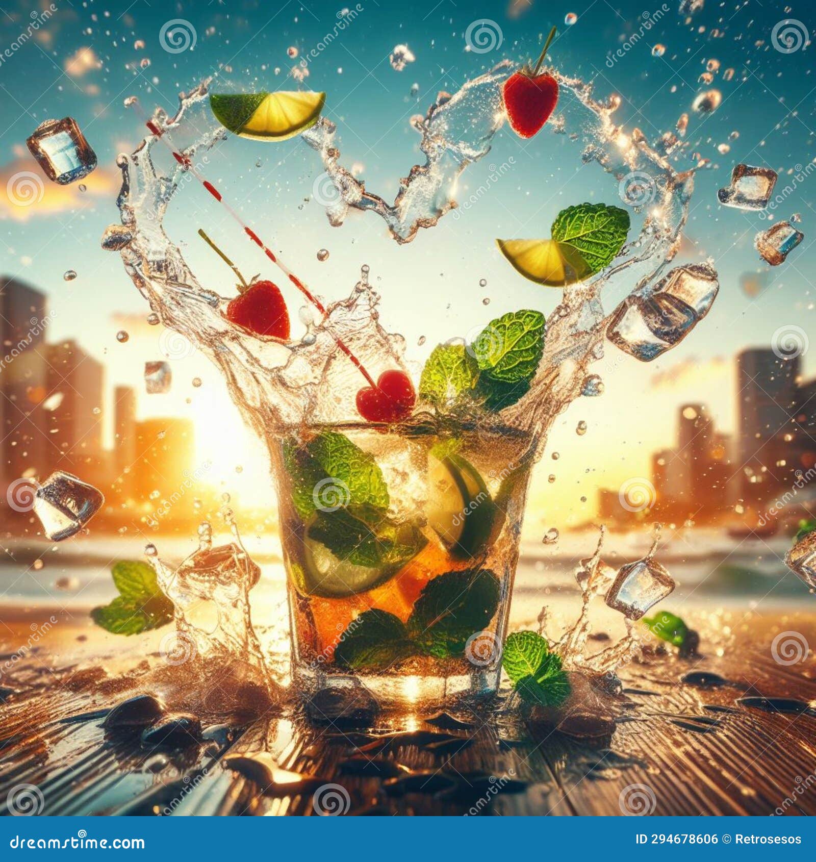 Flying Cocktail Making Spritz Mohito Splash Fruit Drink Berry Elements ...