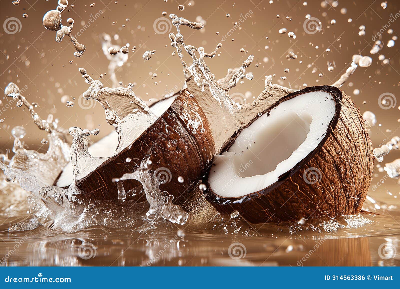 Flying Coconut Halves and Splash on Beige Background Stock Illustration ...
