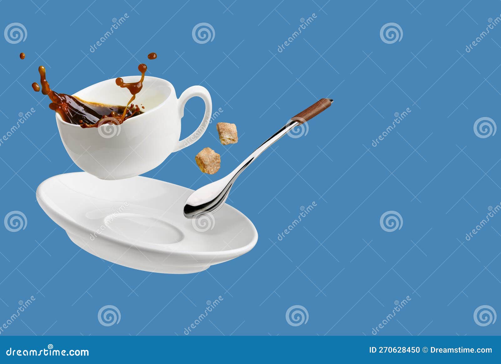 Flying Coffee Cup Isolated on a Solid Blue Background Stock Photo ...