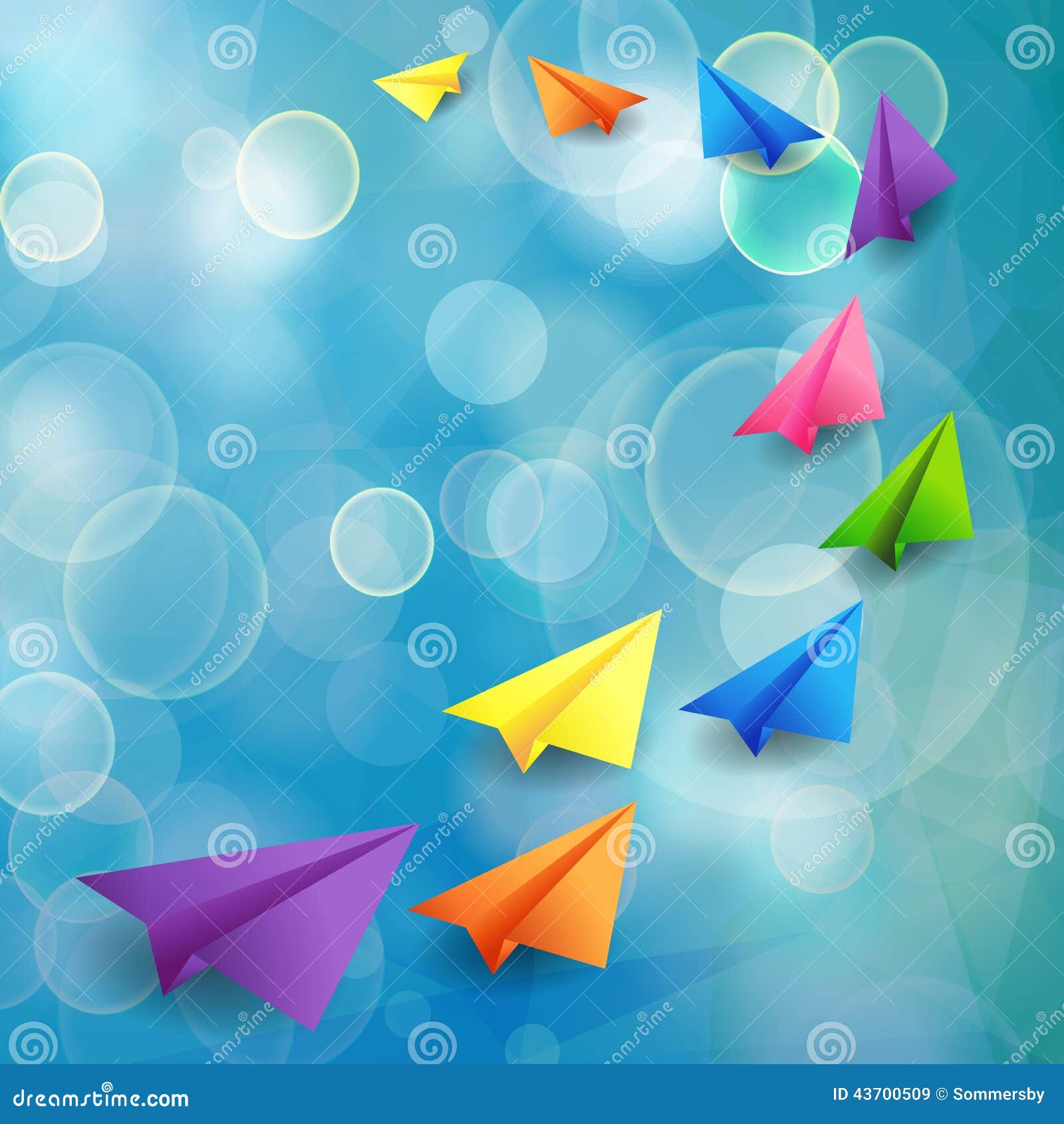 Flying Color Paper Planes on the Blue Blurred Background Stock Vector ...