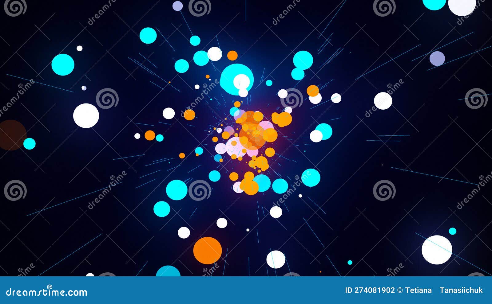 Flying Colorful Balls and Lines in Dark Space. Flying Particles in ...