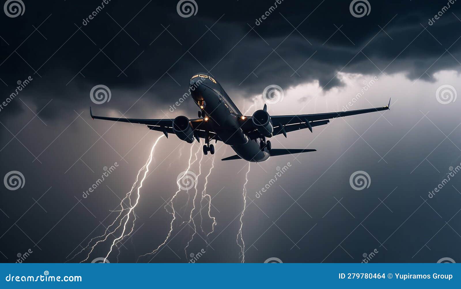 Flying Commercial Airplane Taking Off Mid Air, Moving Down Towards ...