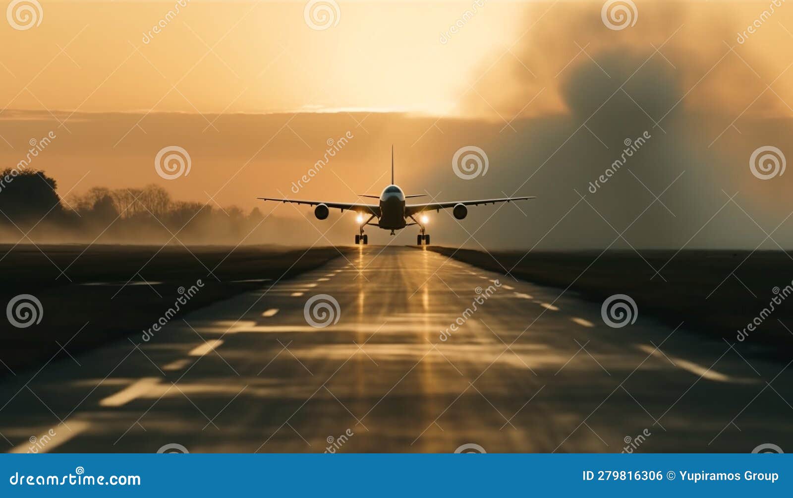 Flying Commercial Airplane Taking Off at Sunset, Propeller in Motion ...