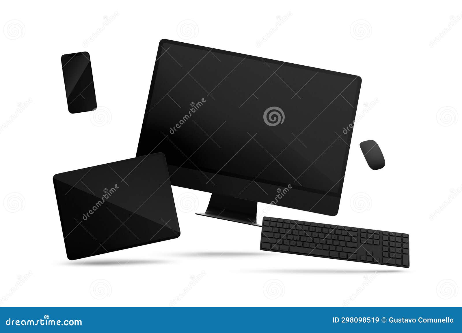 Flying Computer Tablet Phone Screen on White Background Stock Image ...