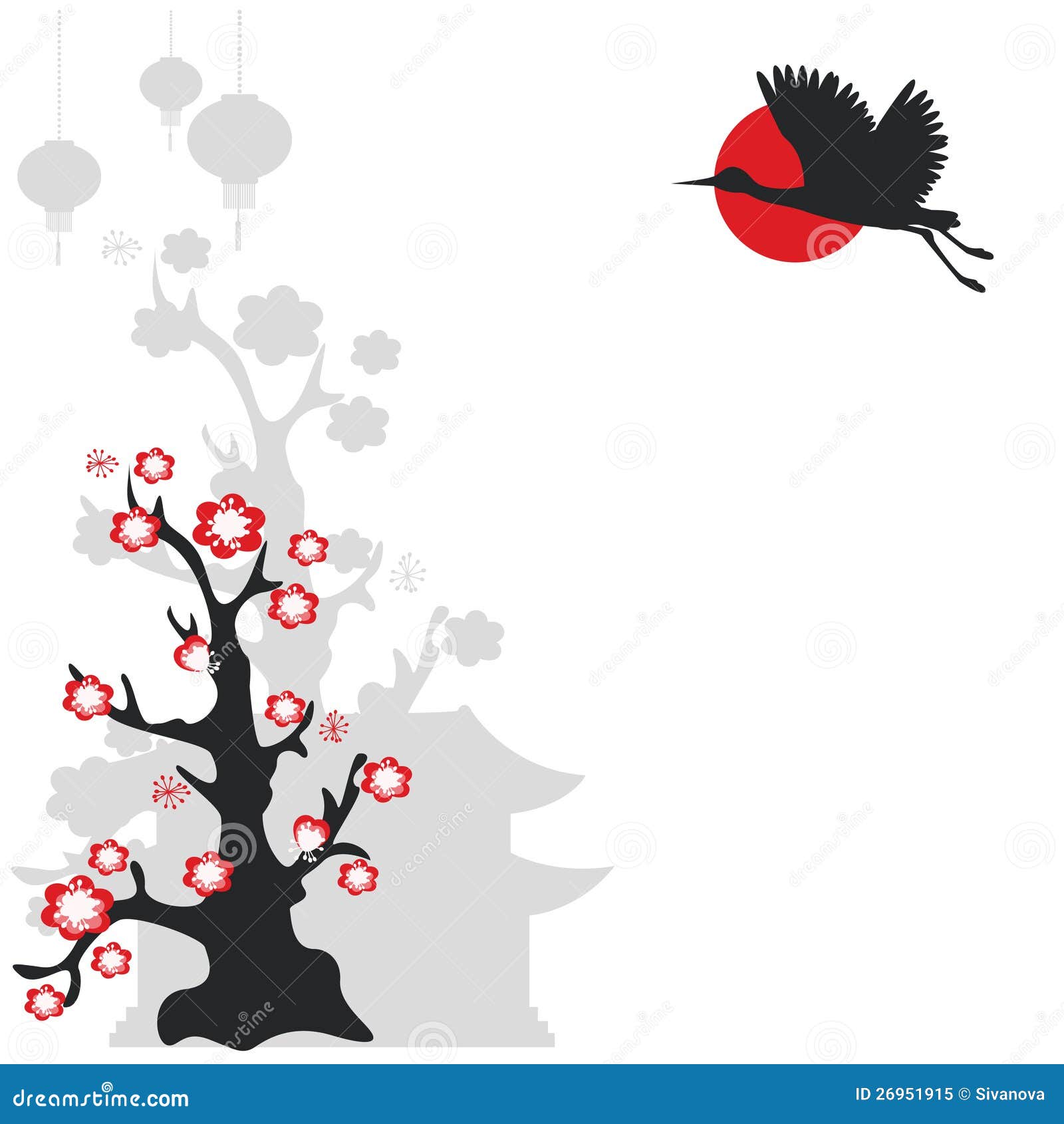 Flying Crane Bird And Flowering Tree Cartoon Vector | CartoonDealer.com ...
