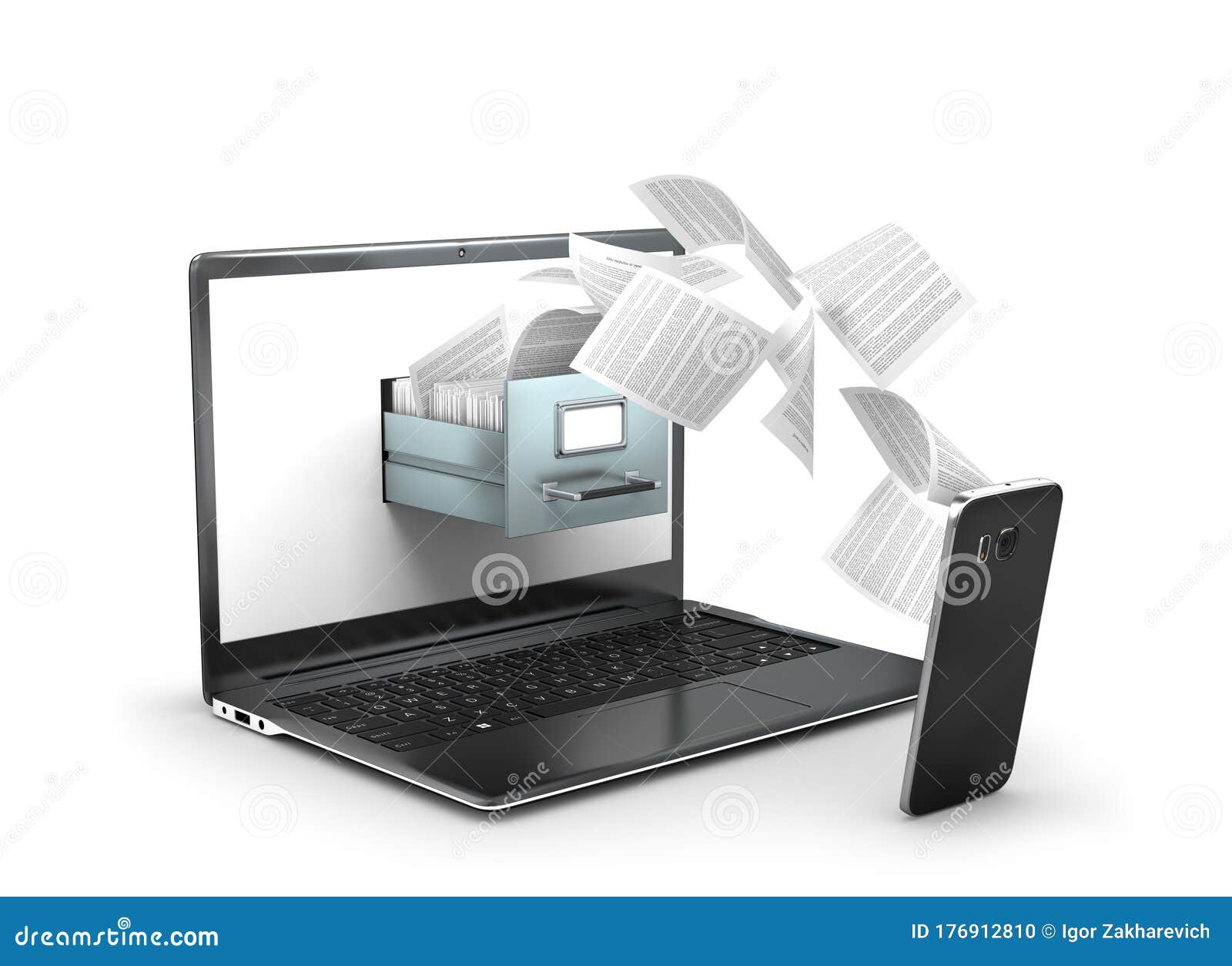 Flying Documents from a Laptop Archive To a Mobile Phone. 3d ...