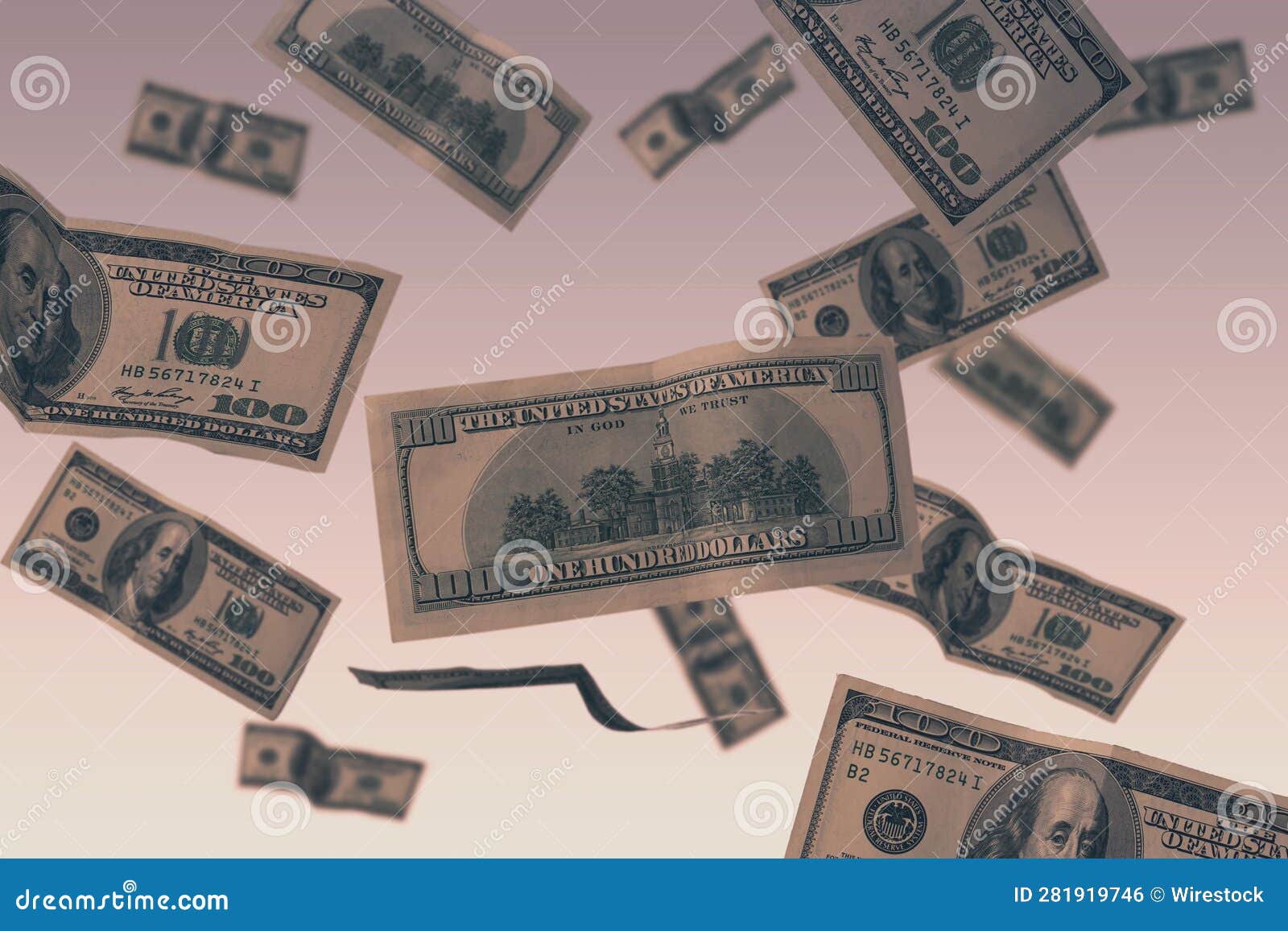 Flying Dollar Bills Against a Pale Gradient Background. Stock Photo ...