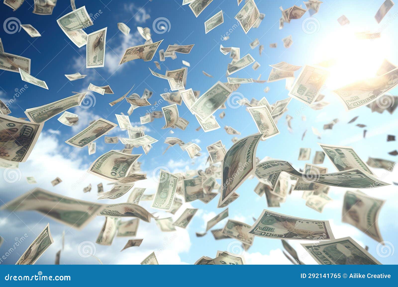 Flying Dollars Banknotes Against The Blue Sky With Clouds Stock Image ...