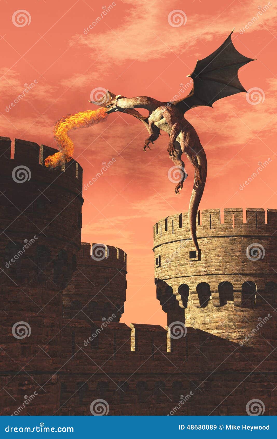 Flying Dragon Attacking Castle Stock Illustration - Illustration of ...
