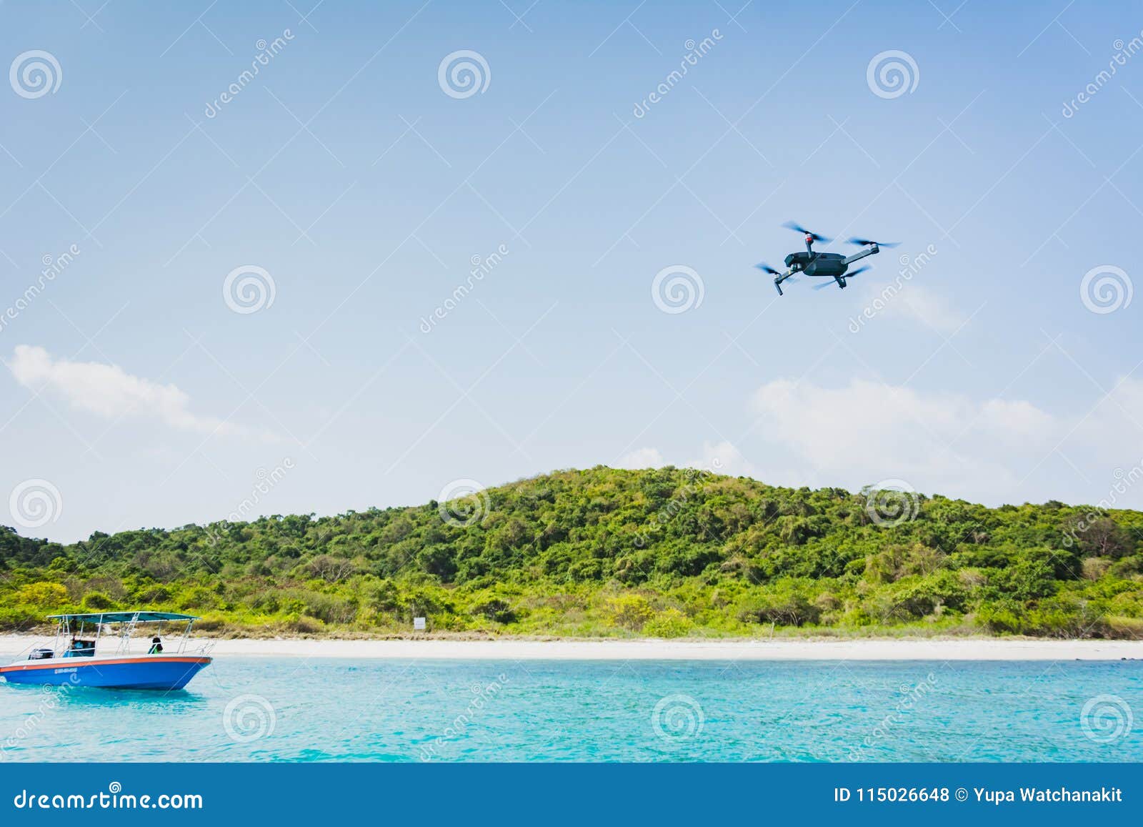 Flying Dron on Sky Follow Speed Boat Stock Photo - Image of sand ...