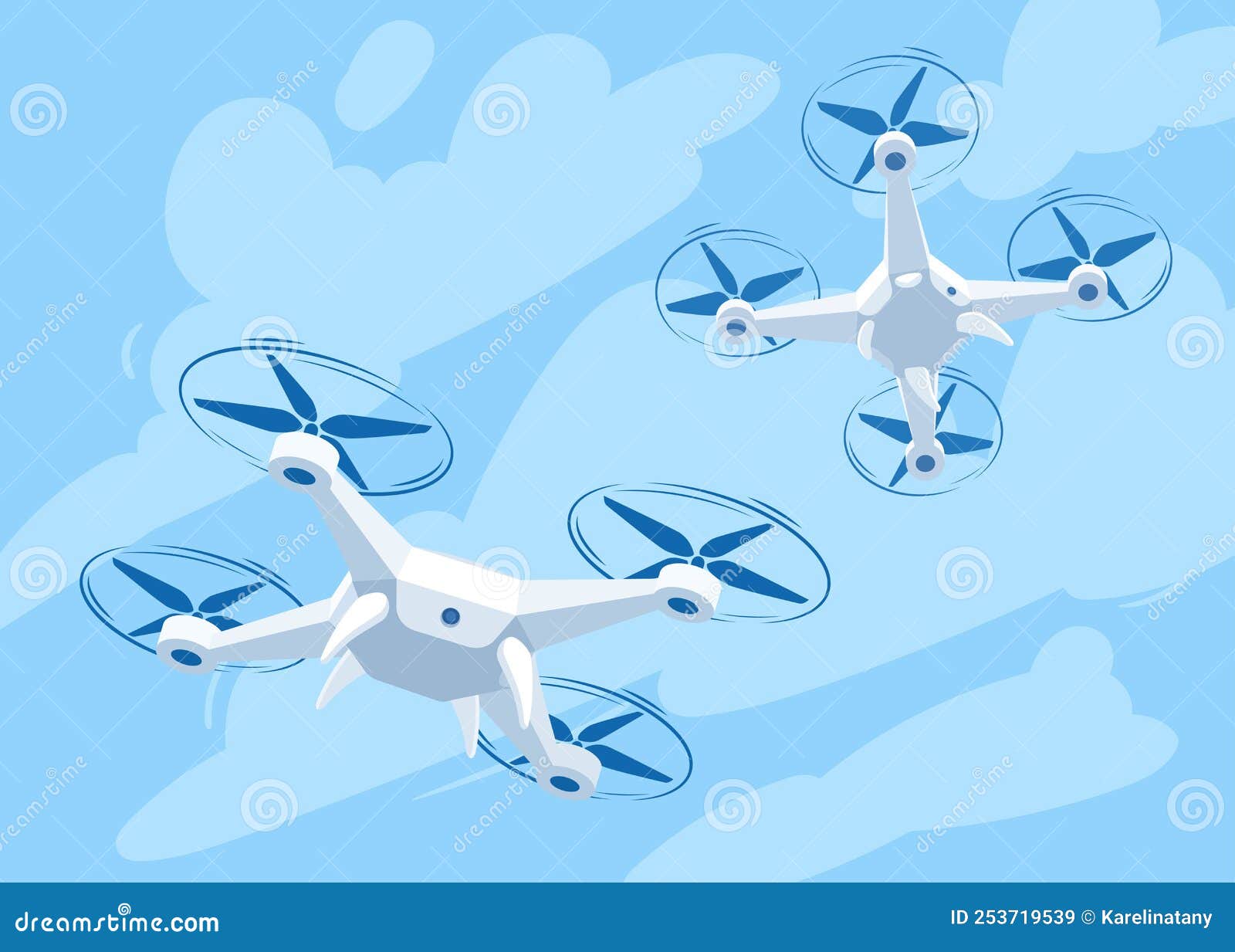 Flying Drone With Blue Sky Background, Vector Illustration. Cartoon ...