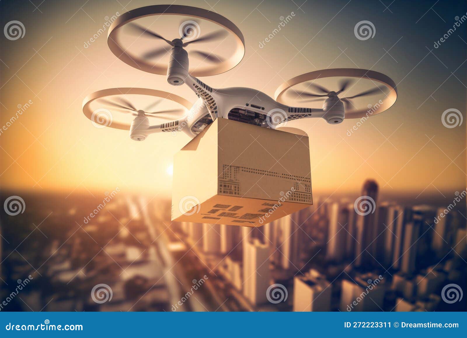 Flying Drone with Package. Post of the Future. Futuristic World ...