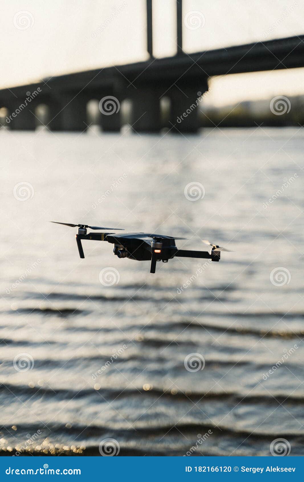 Flying Drone at Sunset Over the River Stock Photo - Image of forest ...
