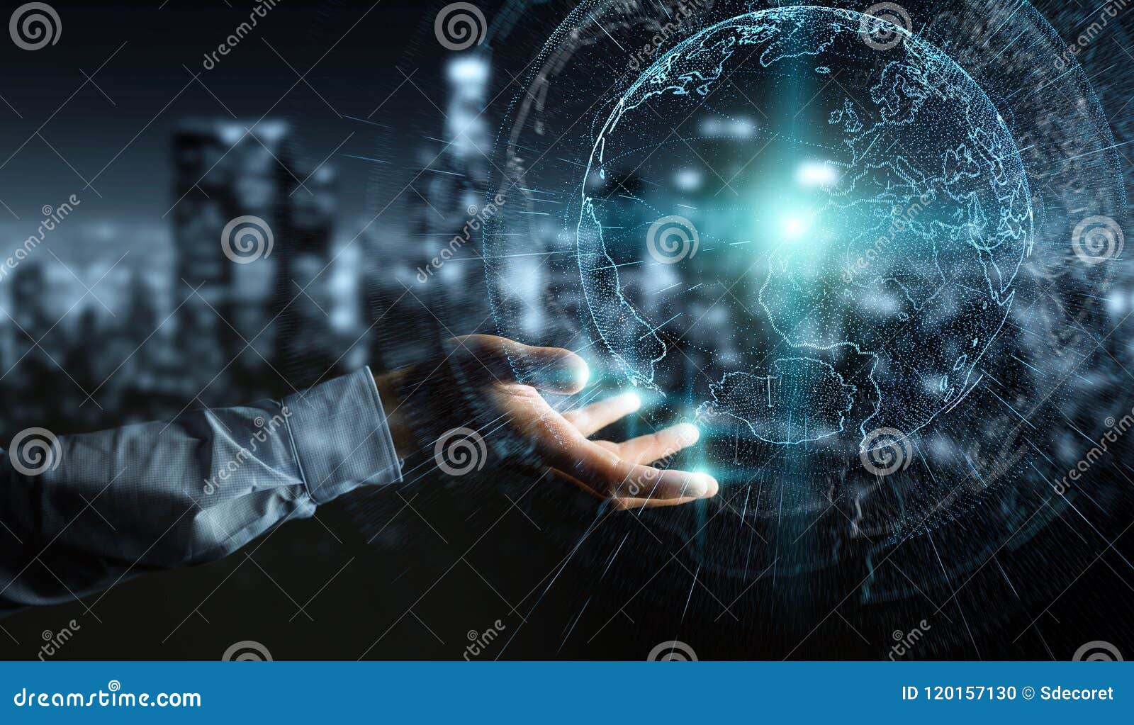 Flying Earth Network Interface Activated by Businessman 3D Rendering ...