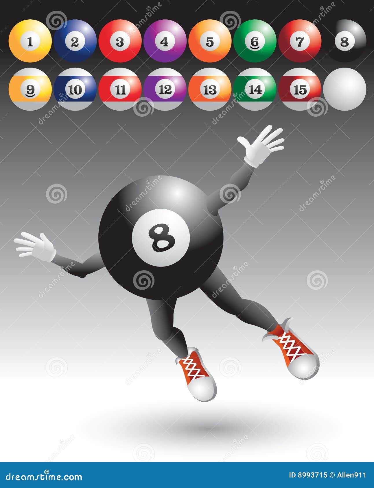 Flying Eight Ball Character with Billiard Balls Stock Vector ...