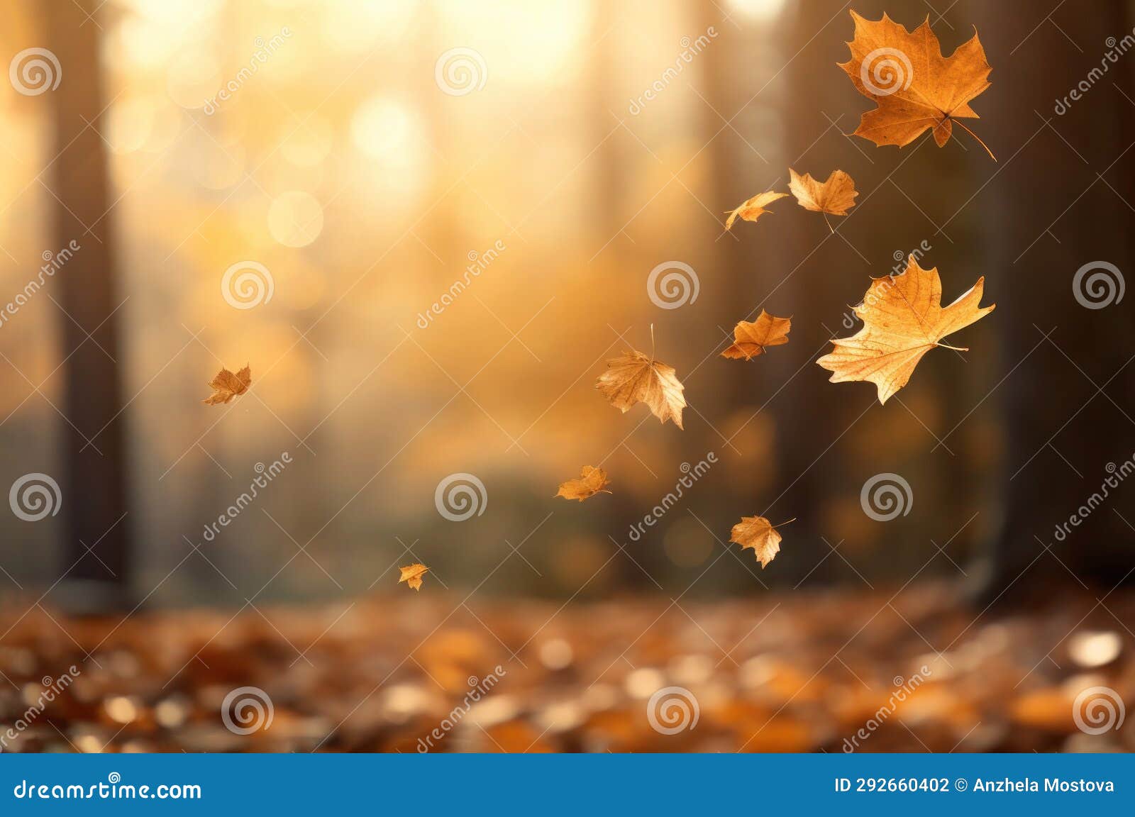 Flying Fall Leaves on Autumn Forest Background in Golden Hour, Copy ...