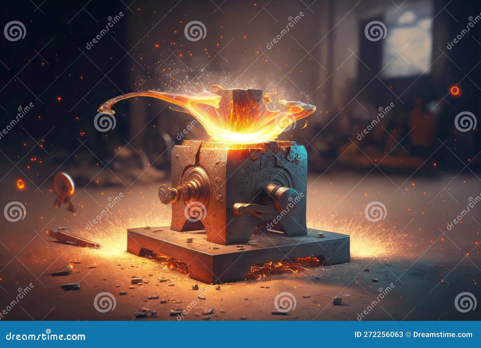 Flying Fire and Sparks when Master Works with Metal on Anvil Stock ...