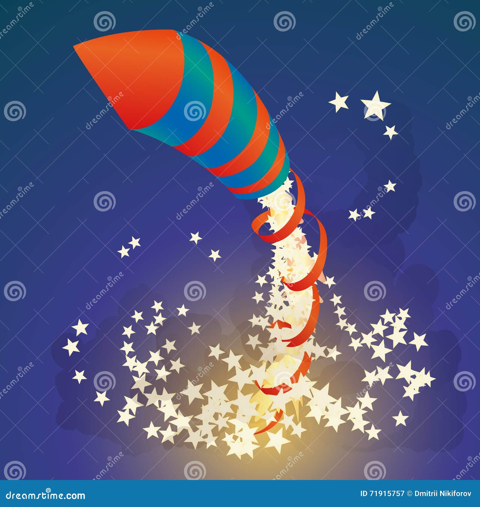 Flying Firework Rocket with a Ribbon and Stars in the Night Sky Stock ...
