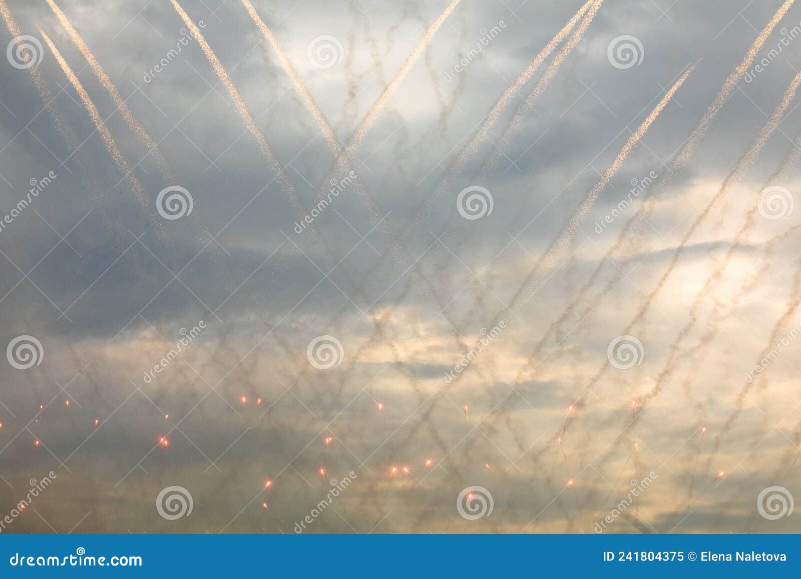 Flying Fireworks in the Night Sky. Line Trackrs Create a Pattern of a ...