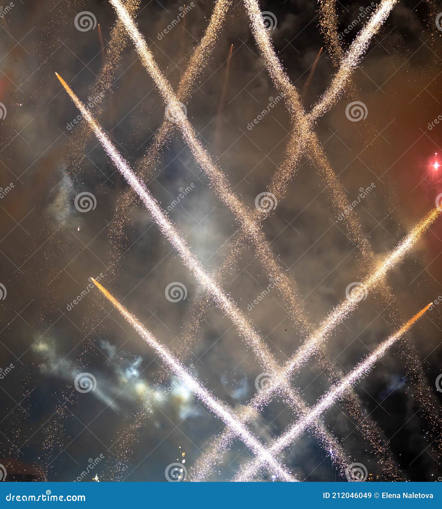 Flying Fireworks in the Night Sky. Line Trackrs Create a Pattern of a ...