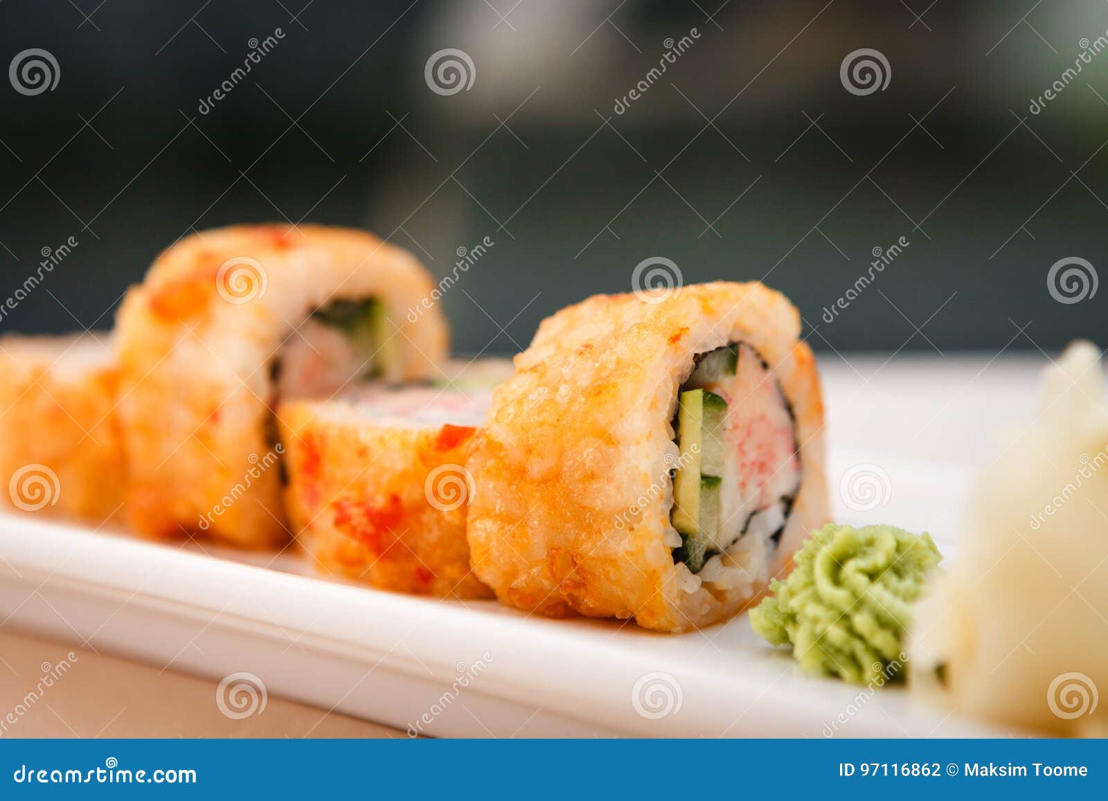 Flying fish roe maki stock photo. Image of lunch, japan - 97116862