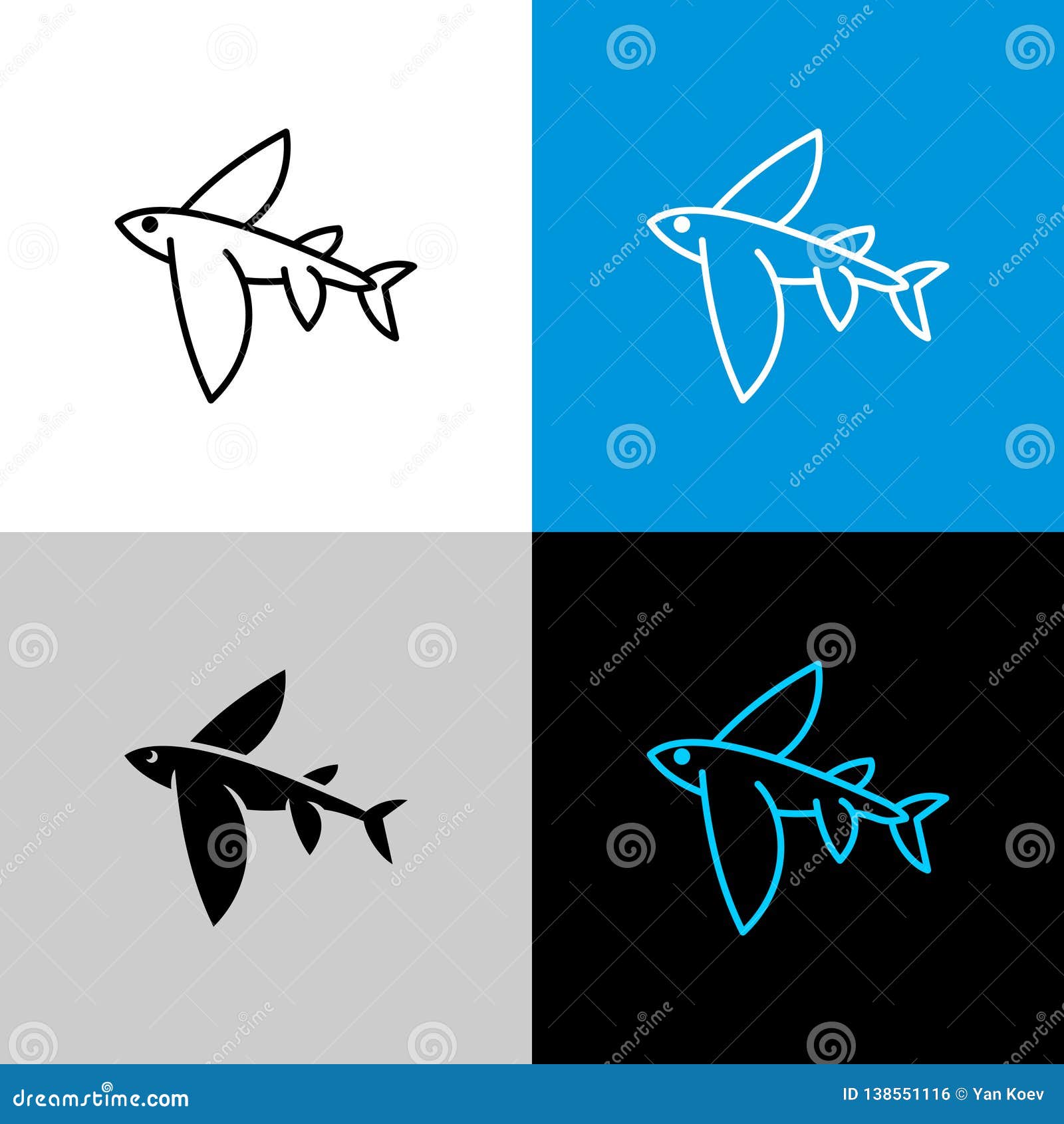 Flying Fish Thin Linear Simple Icon Side View. Stock Vector ...