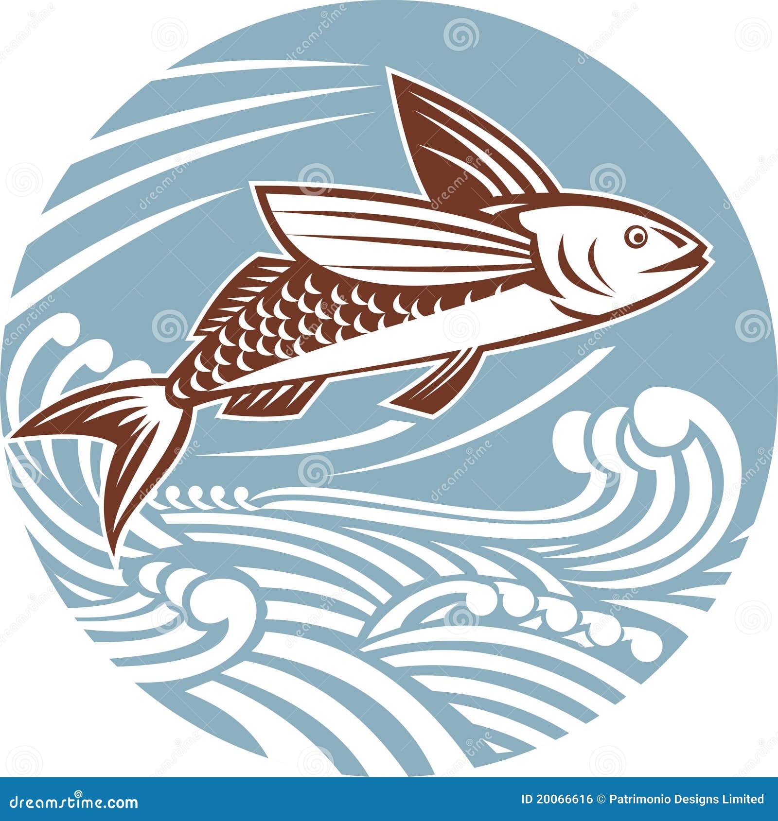 Flying Fish with Waves Retro Style Stock Illustration - Illustration of ...