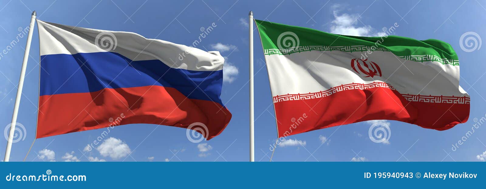 Flying Flags of Russia and Iran on High Flagpoles. 3d Rendering Stock ...