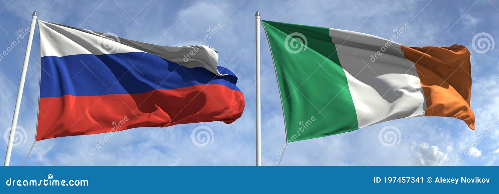 Flying Flags of Russia and Ireland on Sky Background, 3d Rendering ...