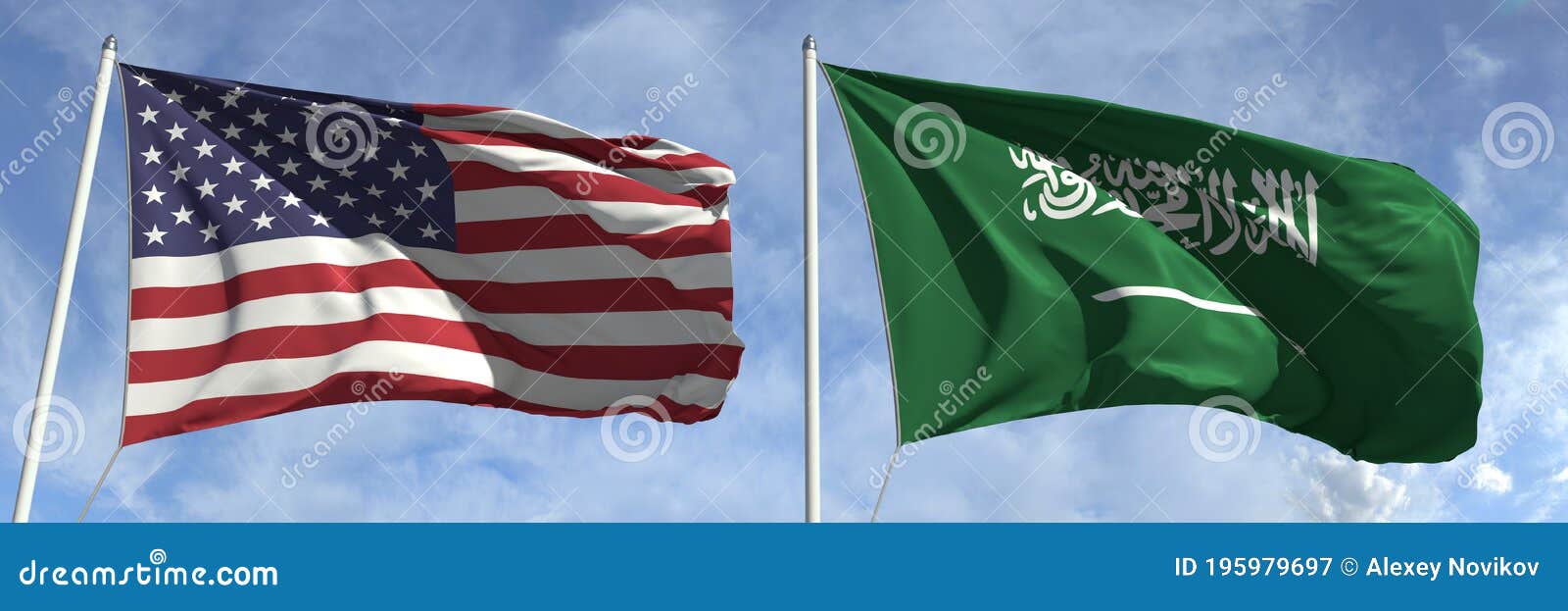 Flying Flags of the USA and Saudi Arabia on Sky Background, 3d ...