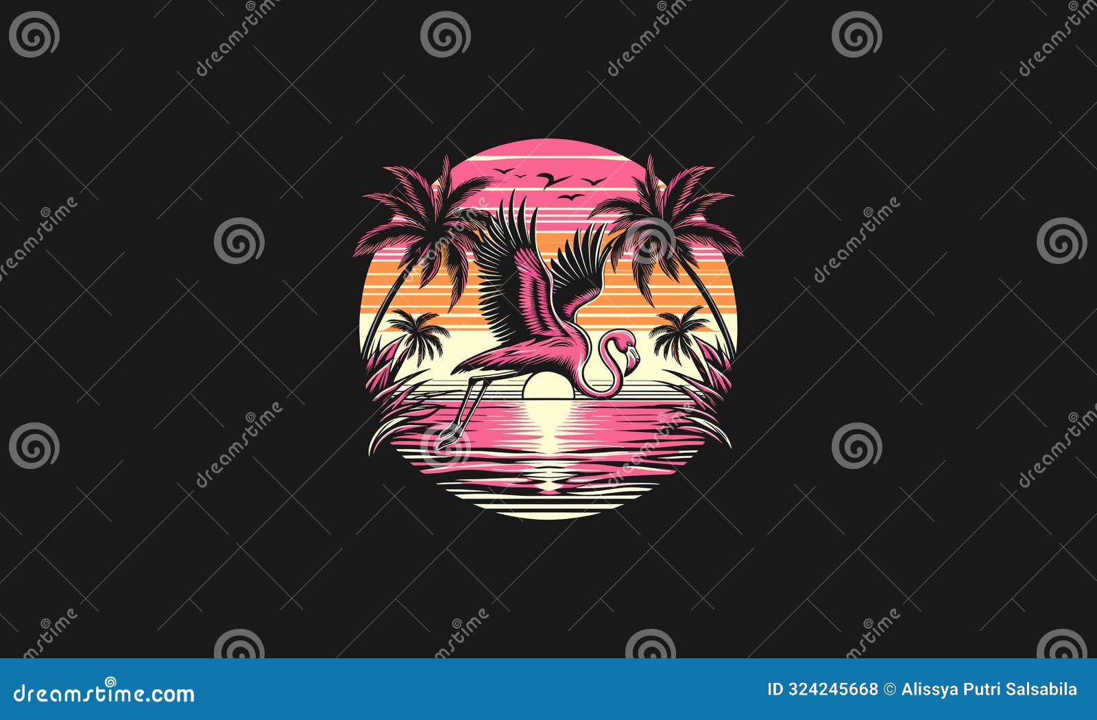 Flying Flamingo on Beach Sunset and Palm Vector Artwork Design Stock ...