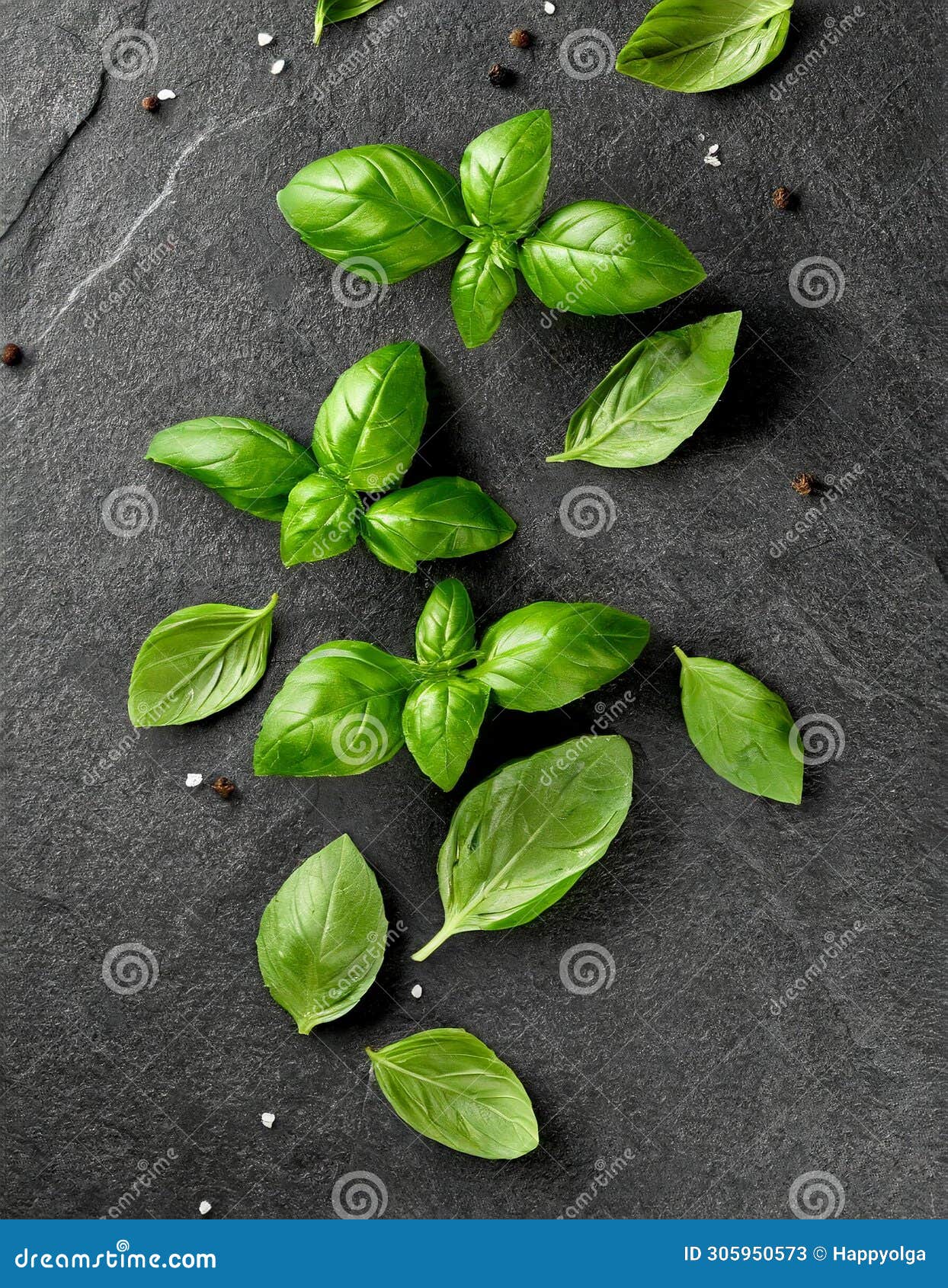 Flying Fresh Natural Basil Leaves on Black Stone Background Stock ...