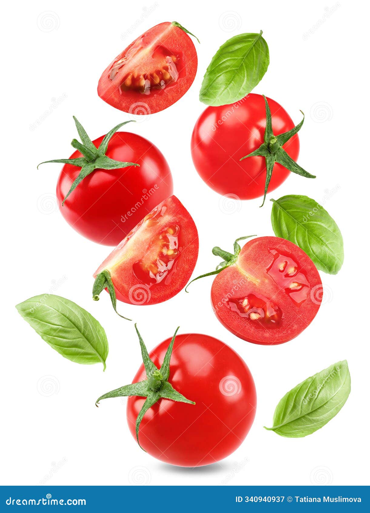 Flying Fresh Tomatoes with Green Leaves Isolated on White Background ...