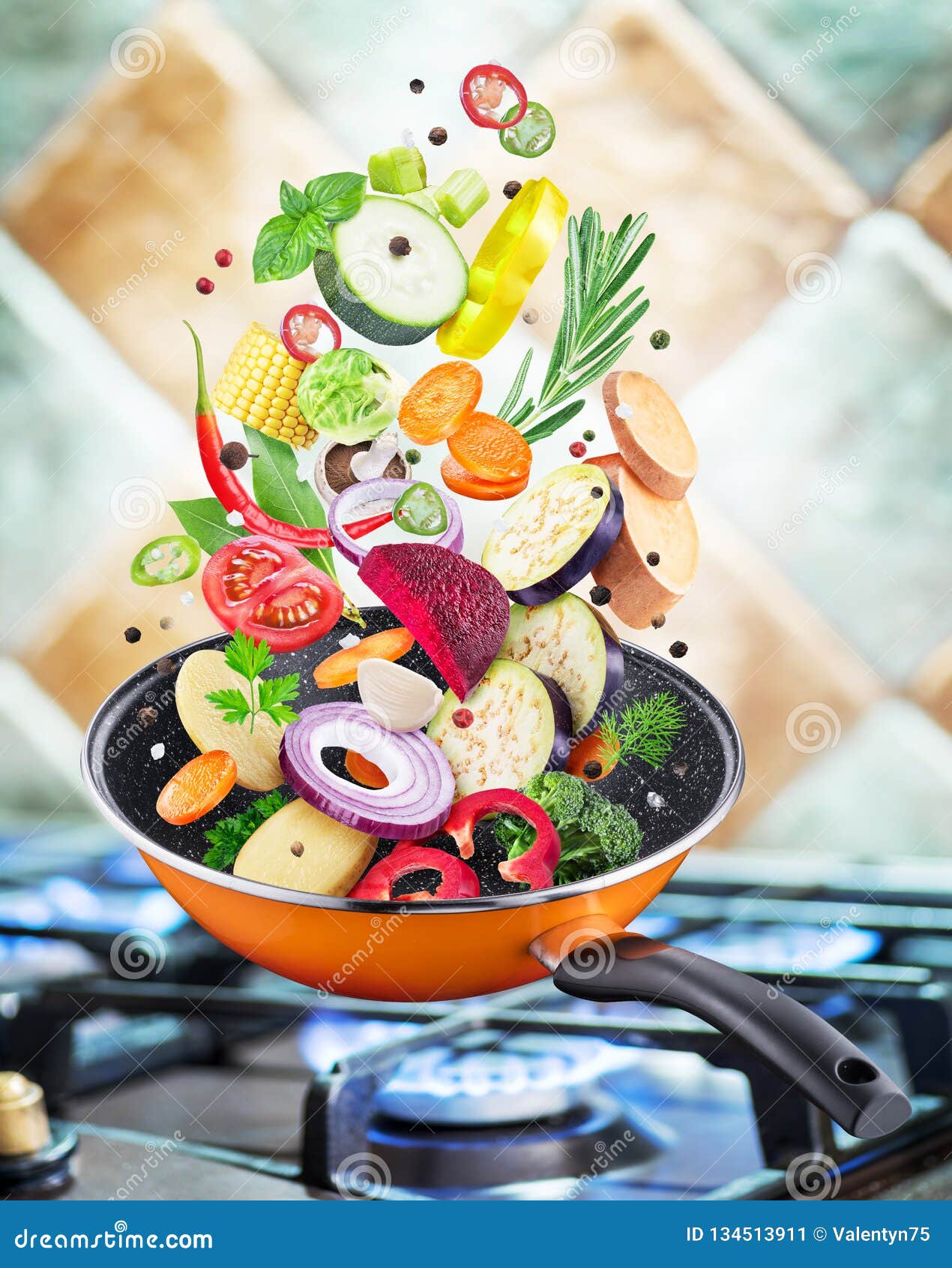 Flying Fresh Vegetables and Spices Falling into a Pan Stock Image ...