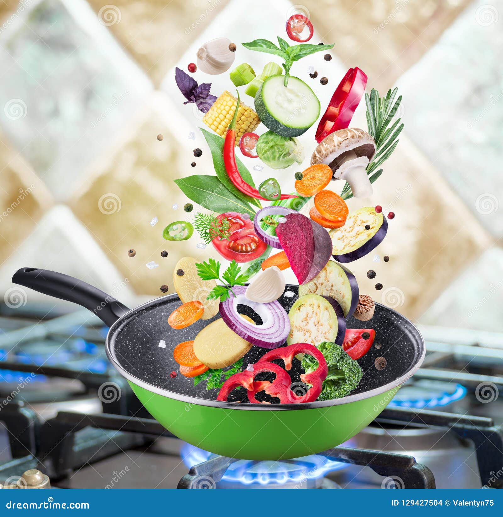 Flying Fresh Vegetables and Spices Falling into a Pan. Stock Photo ...