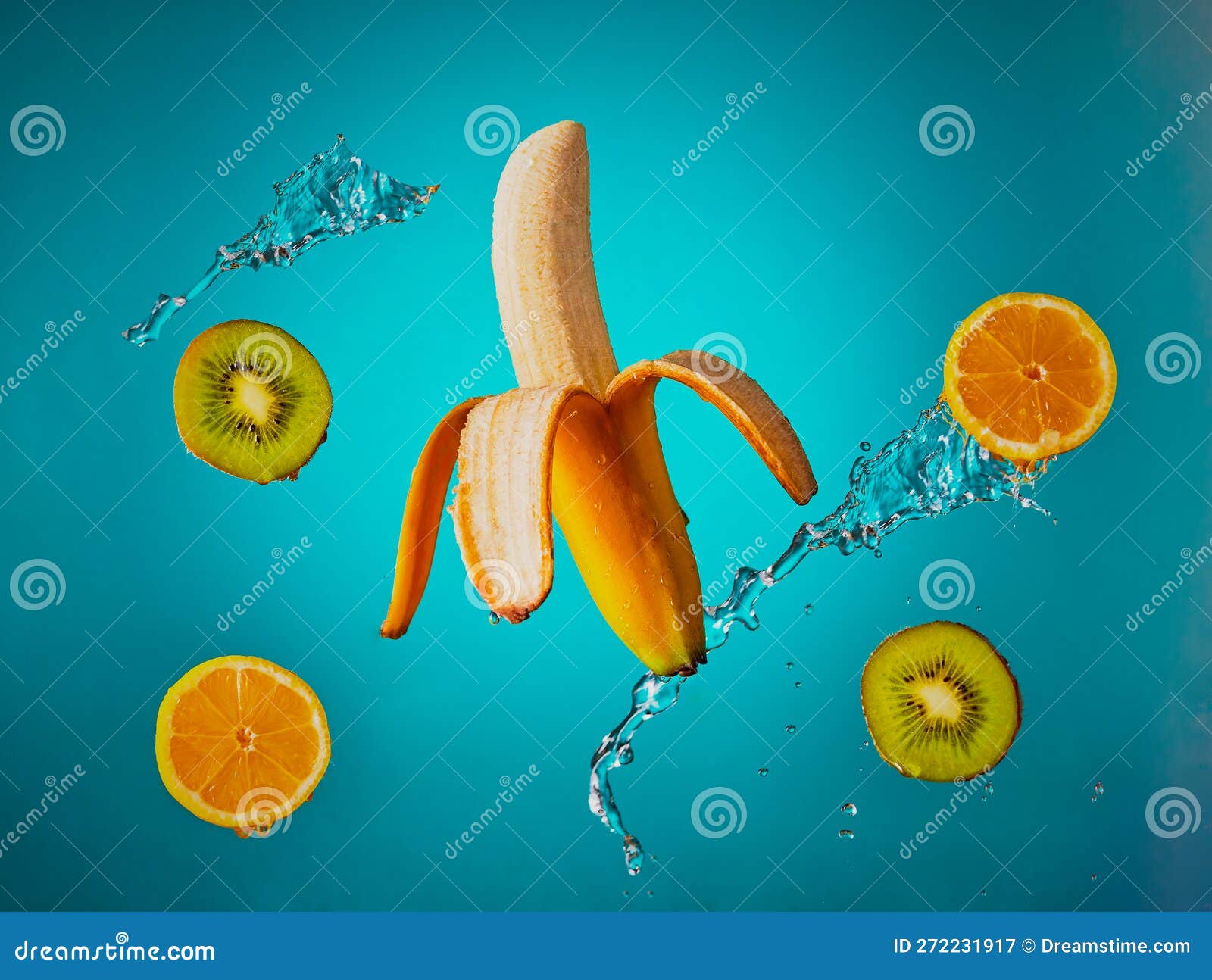 Flying Fruit on a Blue Background. Stock Image - Image of motion ...