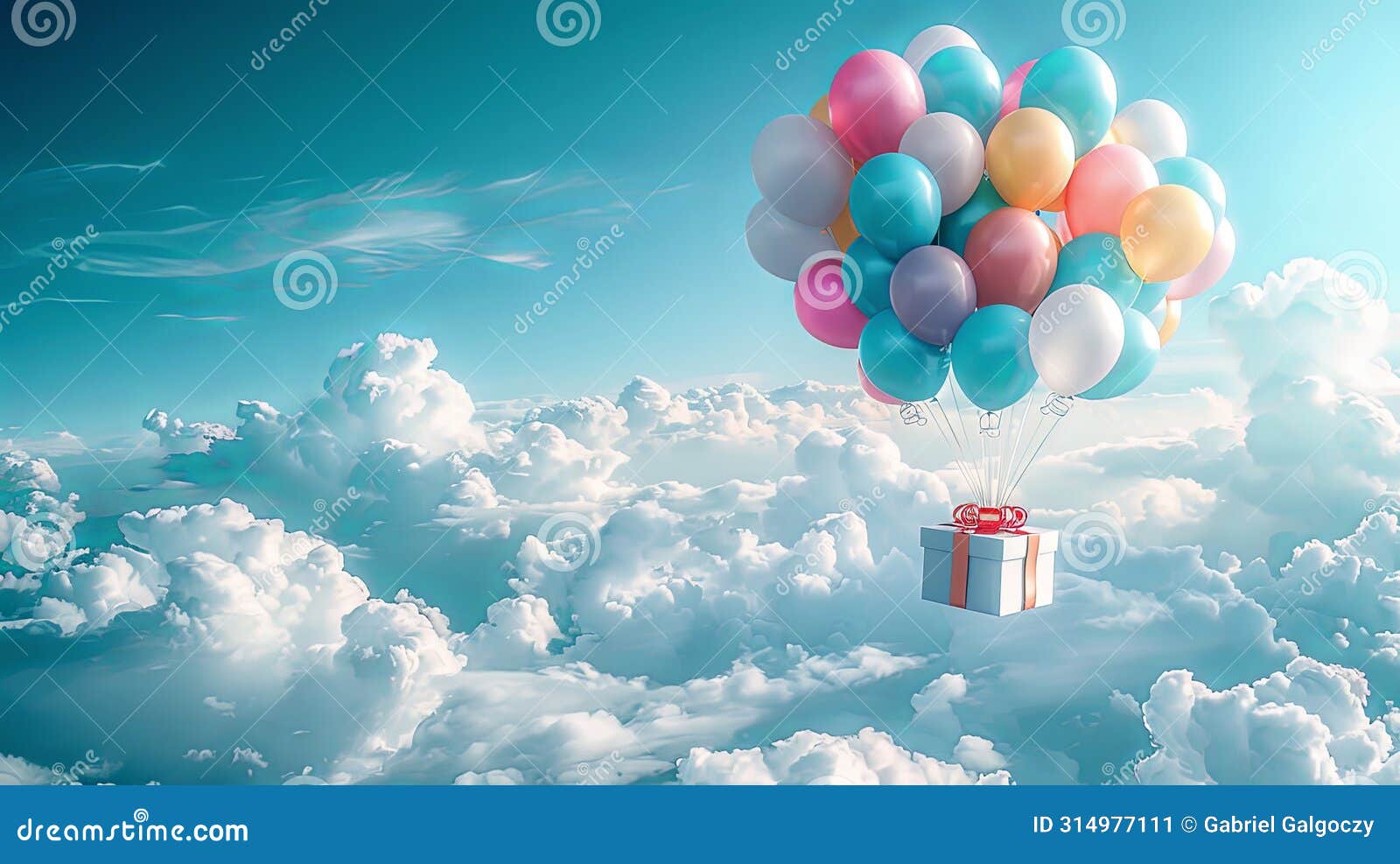Flying Gift Box Present Floating in the Sky Tied To Balloons Bunch with ...