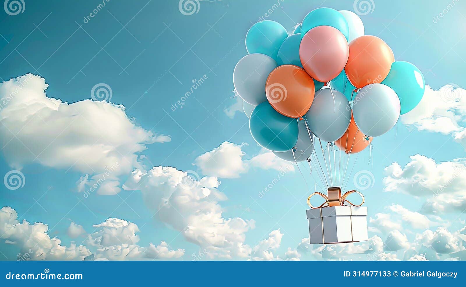 Flying Gift Box Present Floating in the Sky Tied To Balloons Bunch with ...