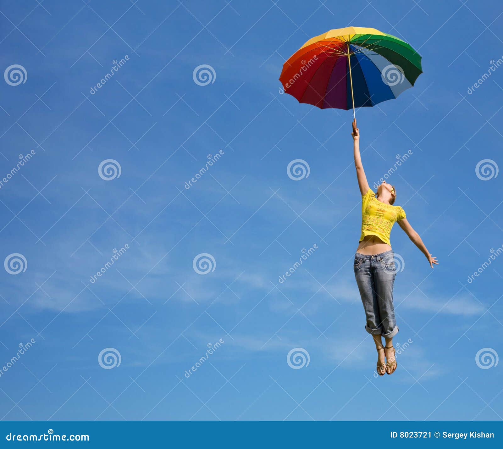 Flying Girl With Colorful Umbrella In The Blue Blu Stock Image - Image ...