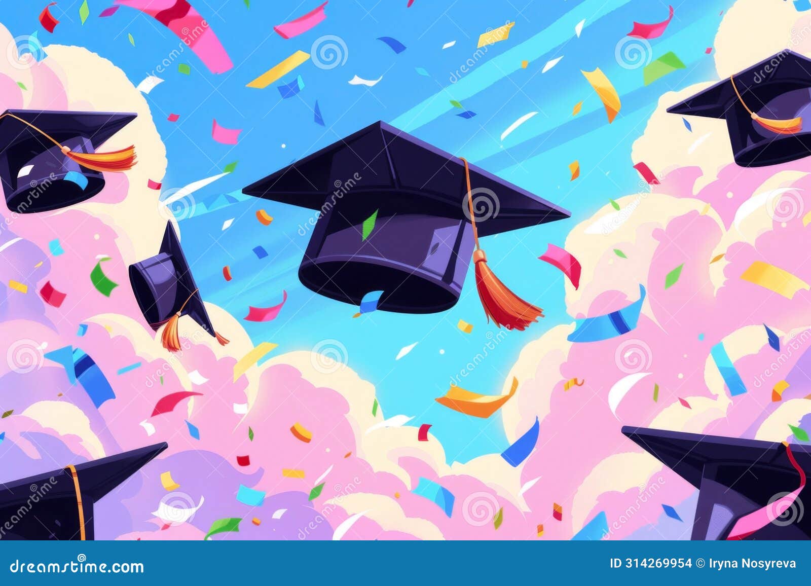 Flying Graduation Caps and Confetti, Graduation Banner, Illustration ...