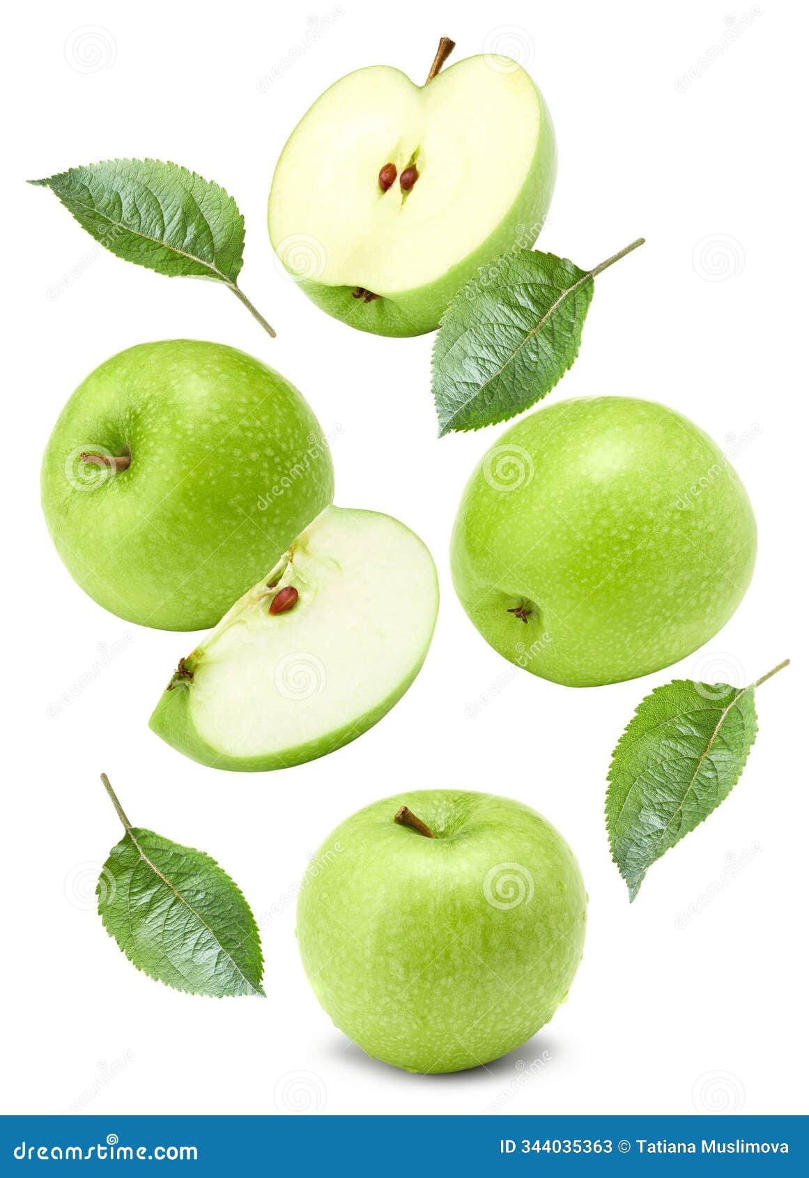 Flying Green Apples with Green Leaf and Slices Isolated on a White ...