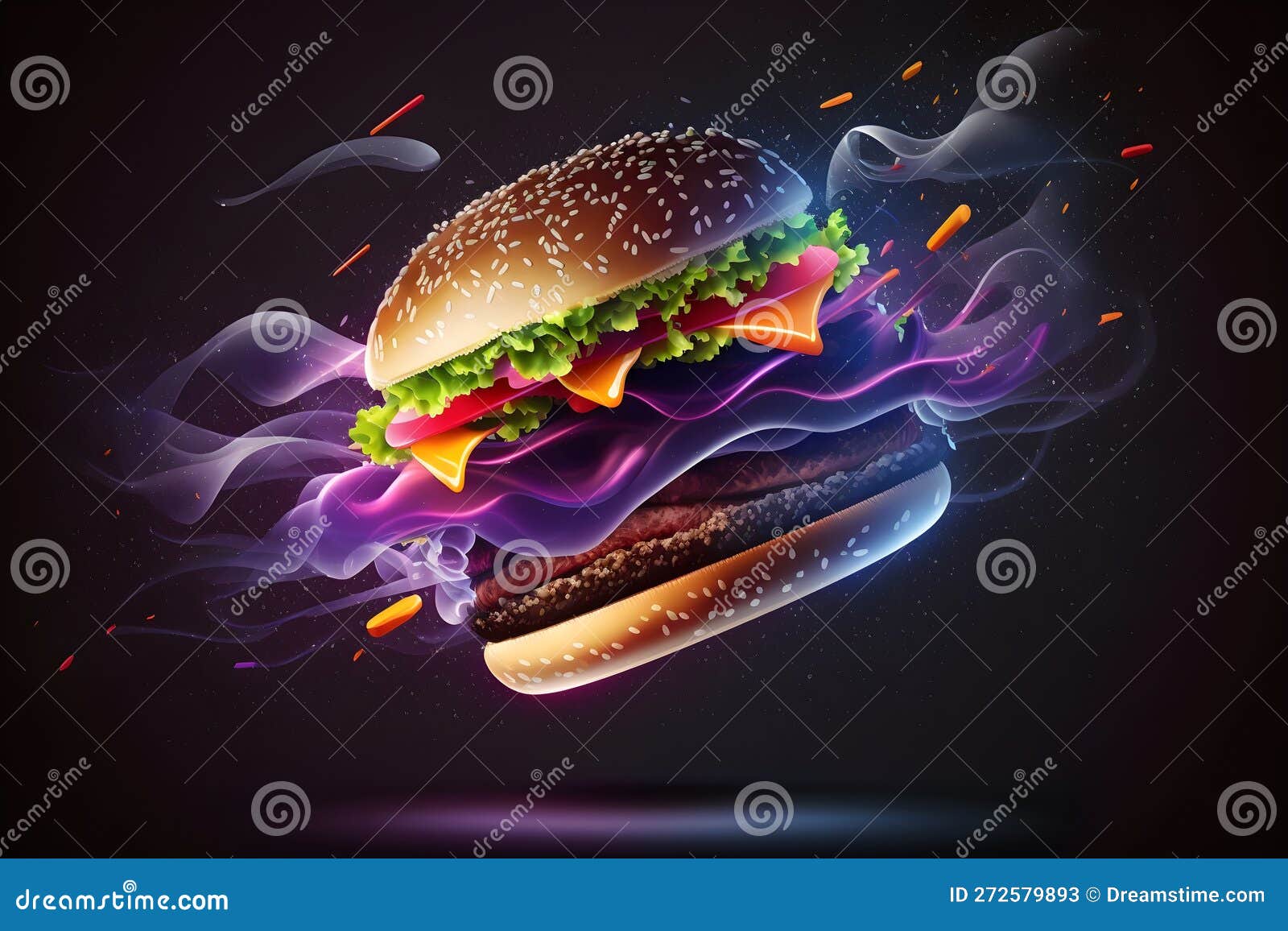 Flying Hamburger with Neon Lights, Concept of Fast Food Stock ...