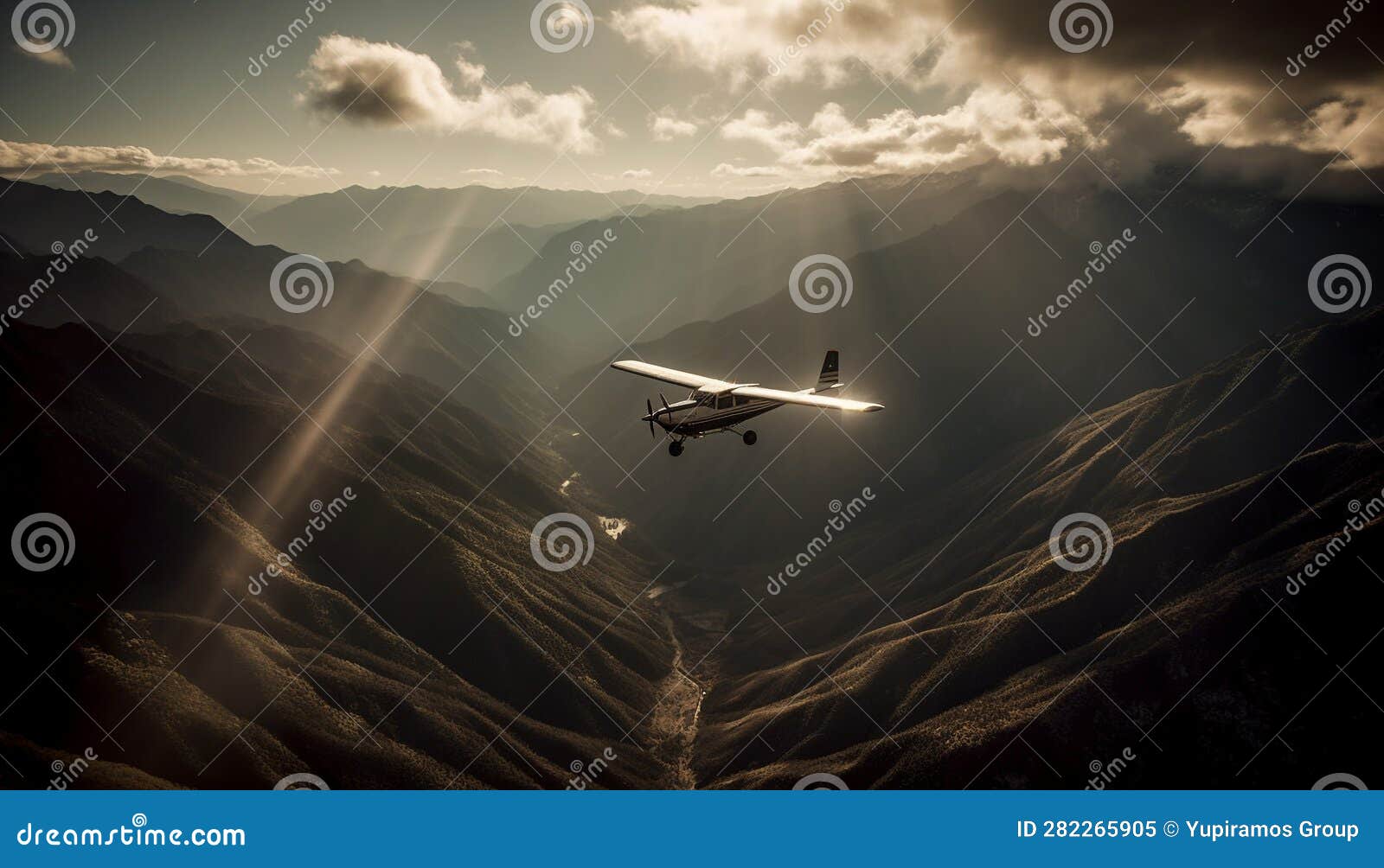 Flying High Up in the Sky, an Airplane Soars Over Mountains Generated ...