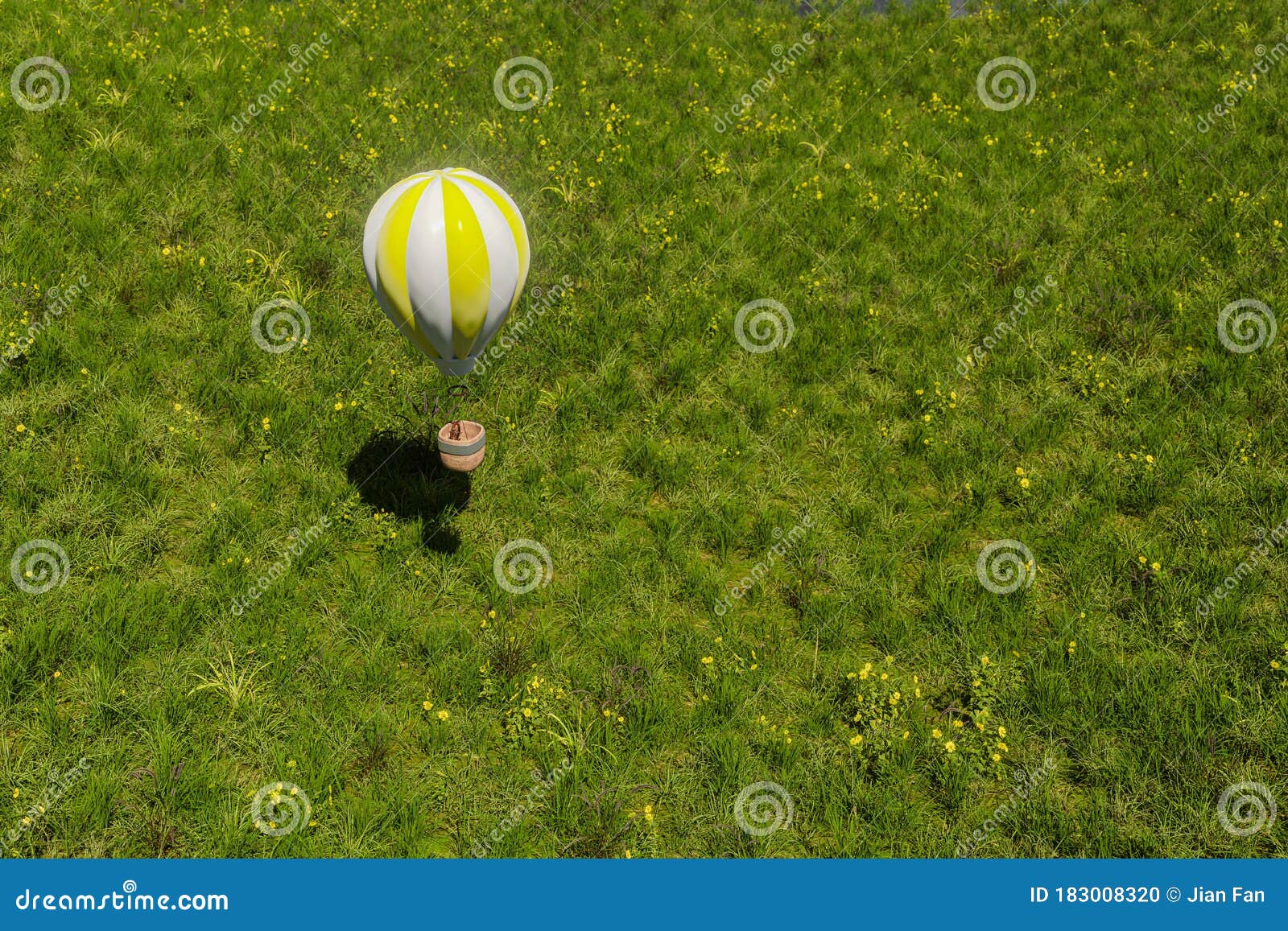 Flying Hot-air Balloon Over the Grass Field, 3d Rendering Stock ...