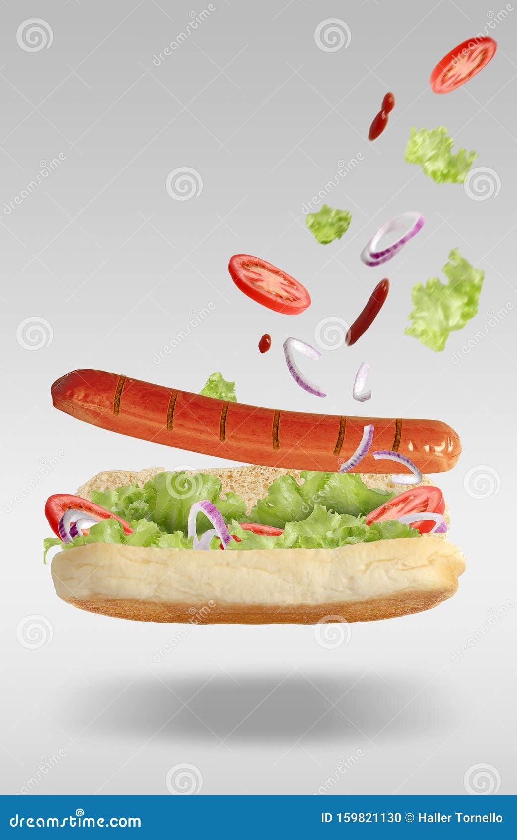 Flying hot dog stock photo. Image of filled, pieces - 159821130