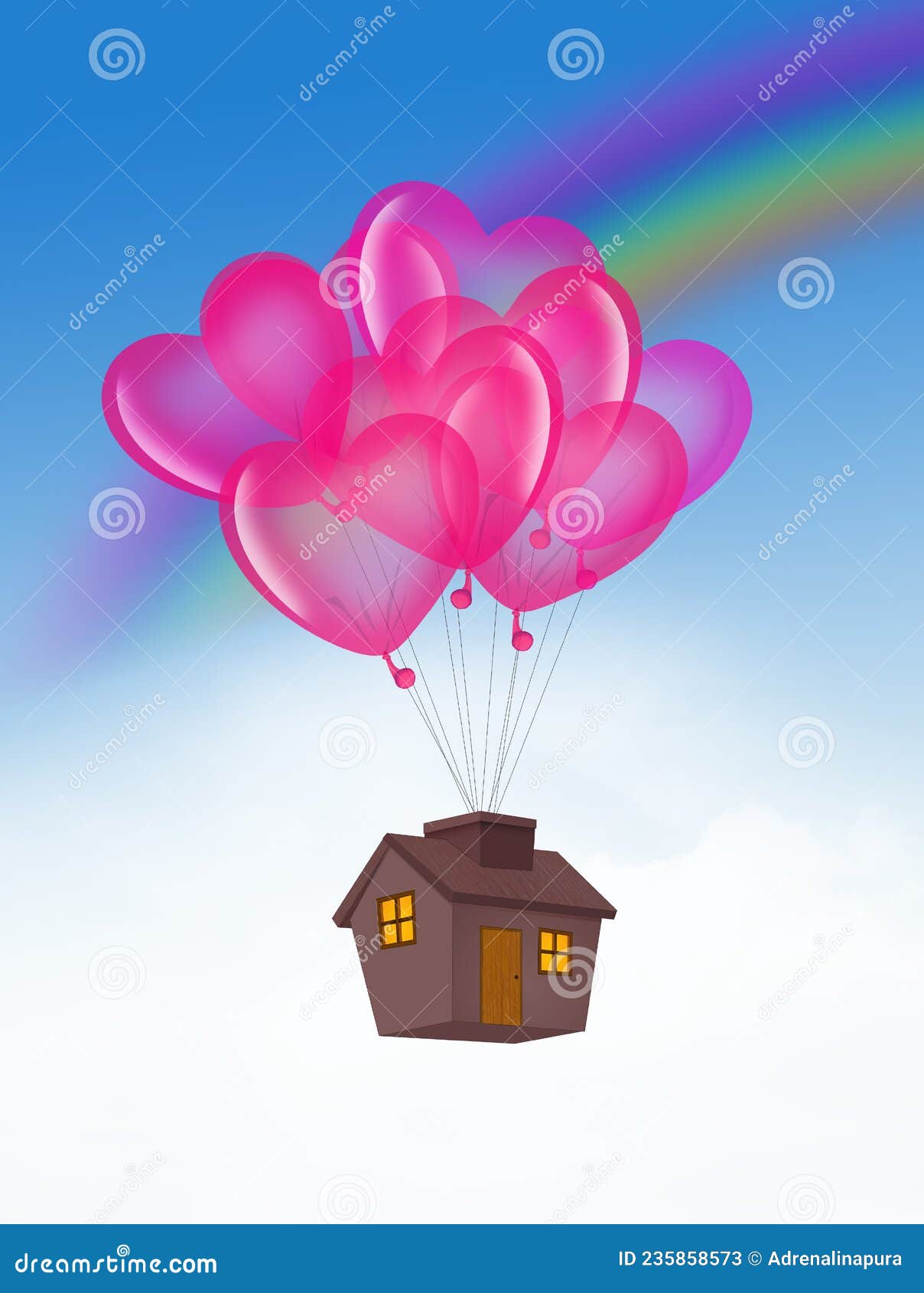 Flying house with balloons stock illustration. Illustration of house ...